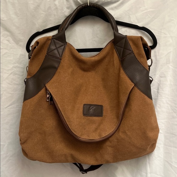 Bags | Pleather And Fabric Brown Purse | Poshmark